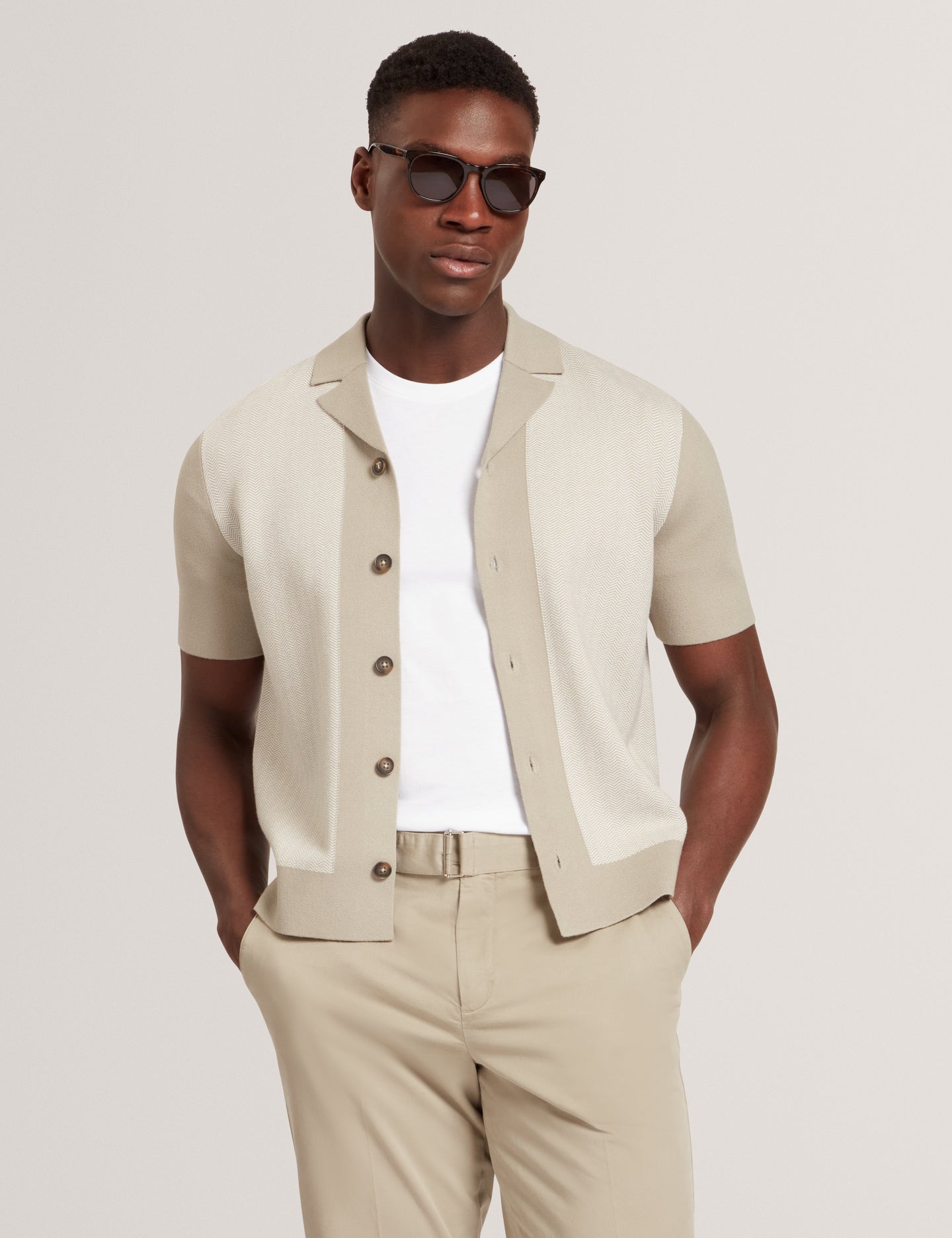Shop Padrig Short Sleeve Knitted Herringbone Shirt Khaki for Men Online ...